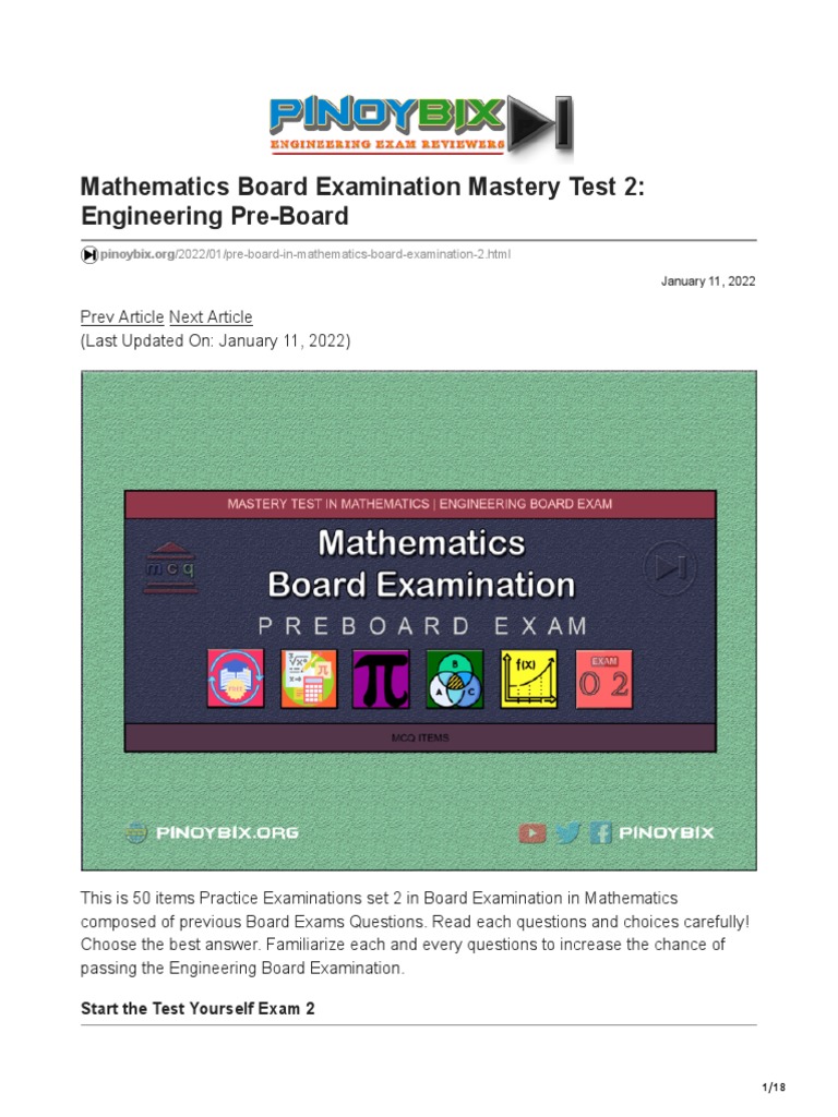 Mathematics Board Examination Mastery Test 2 Engineering Pre-Board ...