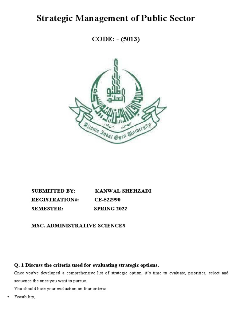 Strategic Management of Public Sector: CODE: - (5013) | PDF | Motivational | Motivation