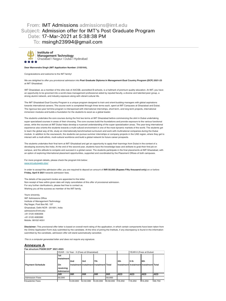 Admission Offer For IMT's Post Graduate Program | PDF | Payments