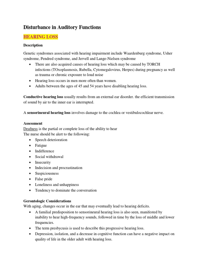 Disturbance in Auditory Functions | PDF | Hearing Loss | Ménière's Disease