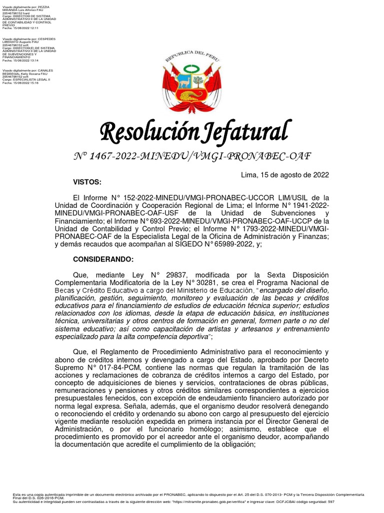 RJ n.°1467-2022-MINEDU-VMGI-PRONABEC-OAF PDF | PDF | Presupuesto ...