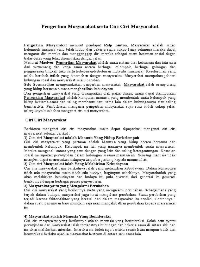 Pengertian Masyarakat Serta Ciri Ciri Masyarakat | PDF