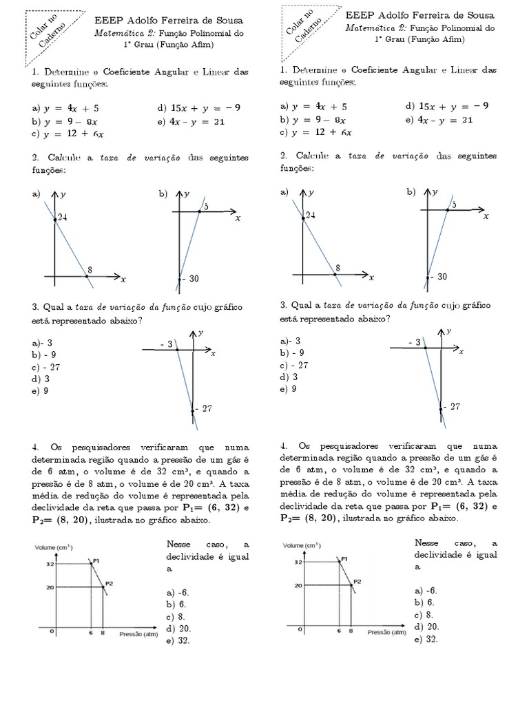 Determine o Coeficiente Angular e Linear Das Seguintes Funções | PDF