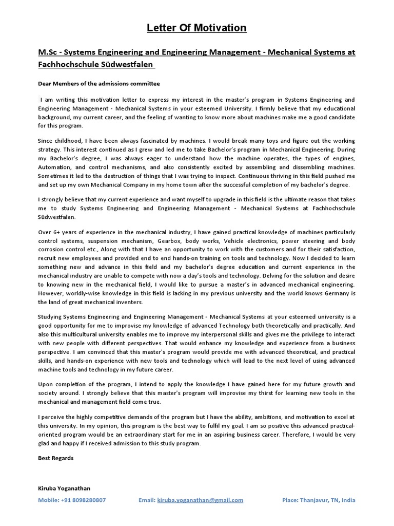 Motivational Letter | PDF | Engineering | Motivational