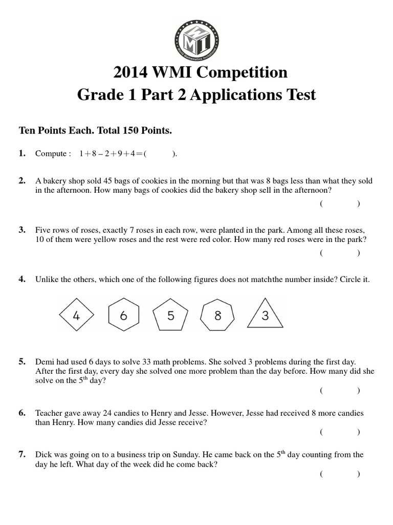 Grade 1 WMI Competition Test 2014 | PDF