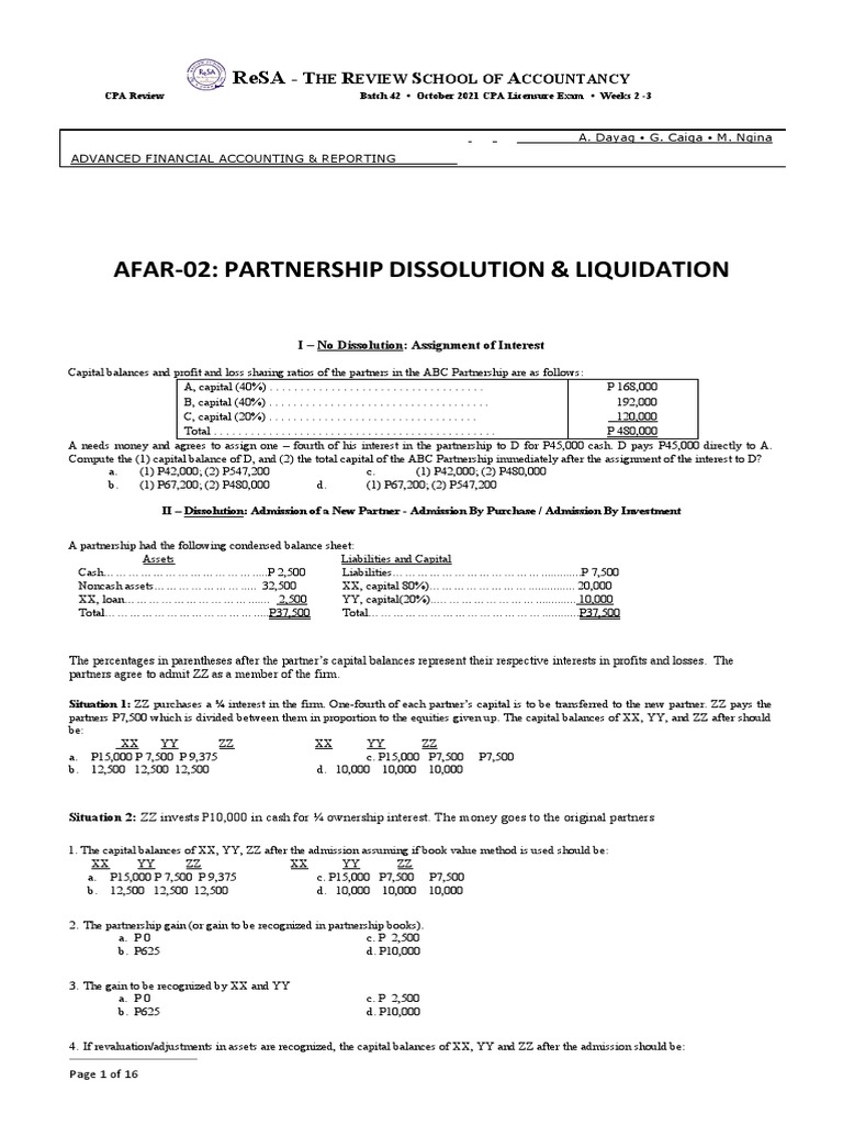 Afar 02 Partnership Dissolution Liquidation | PDF | Balance Sheet ...