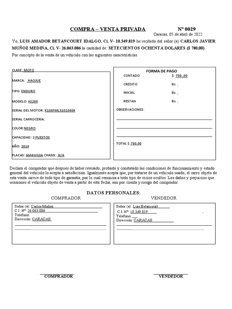 Factura Compra-Venta - Moto | PDF