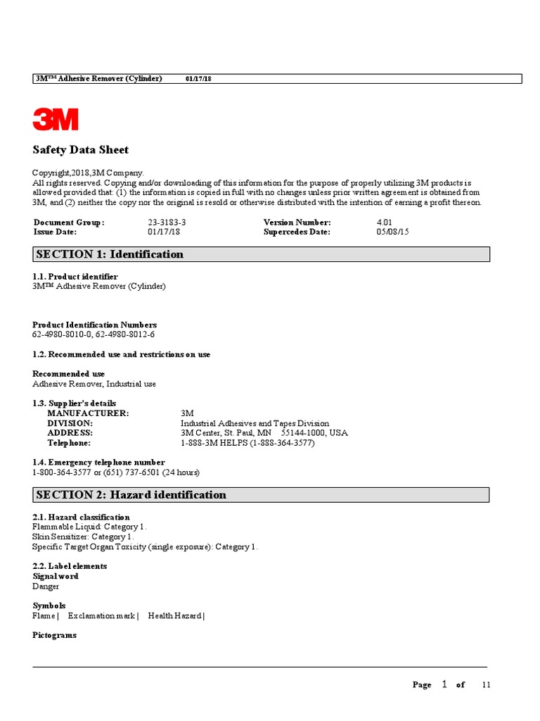 Safety Data Sheet: 3M™ Adhesive Remover (Cylinder) | PDF | Hazardous ...