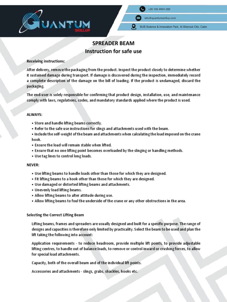 Quantum SkillUp Work Instruction Manual For Spreader Beams | PDF | Crane (Machine) | Elevator