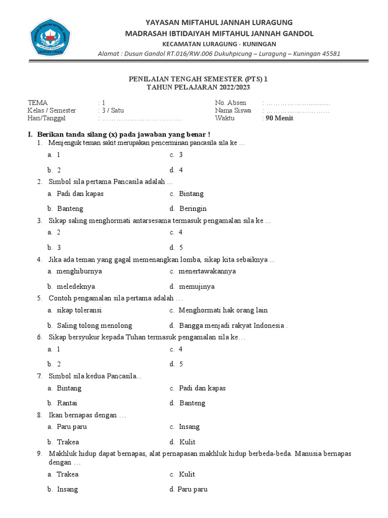 Soal PTS Kelas 3 Tema 1 | PDF