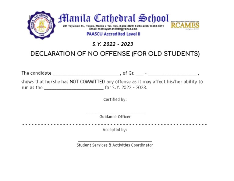 Declaration of No Offense Form 2022-2023 | PDF | Career & Growth