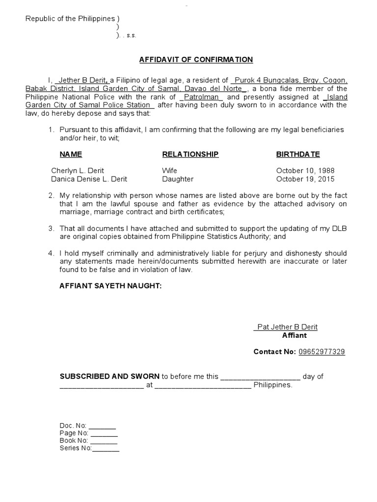 Affidavit of Confirmation Pat Derit | PDF