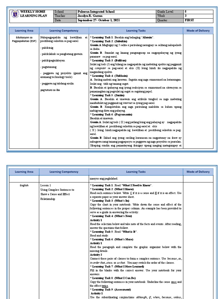 Grade 5 - All Subjects - WHLP - Q1 - W3 | PDF