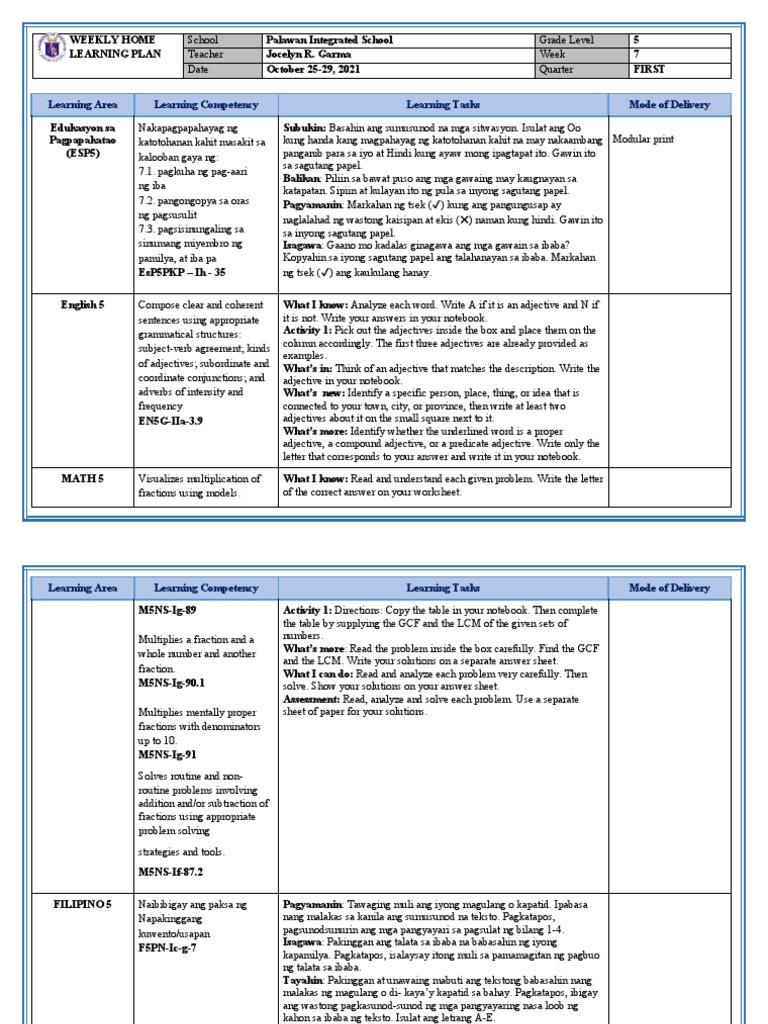 Grade 5 - All Subjects - WHLP - Q1 - W7 | PDF | Language Mechanics ...