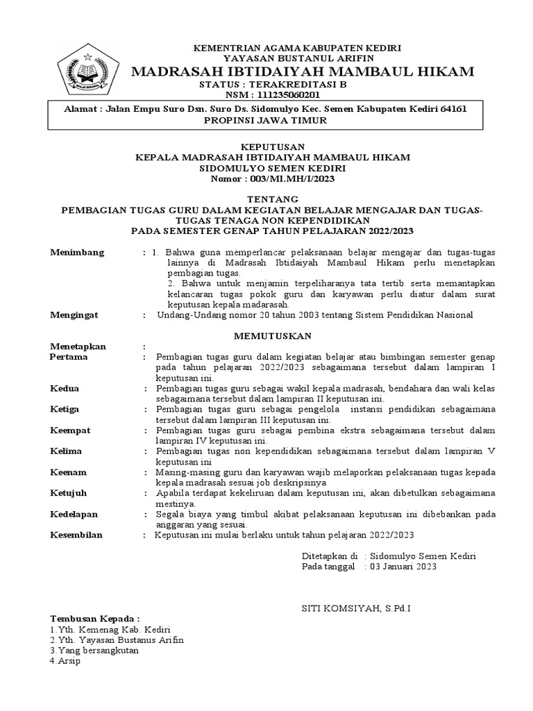 SK Pembagian Tugas 2022 - 2023 Genap | PDF