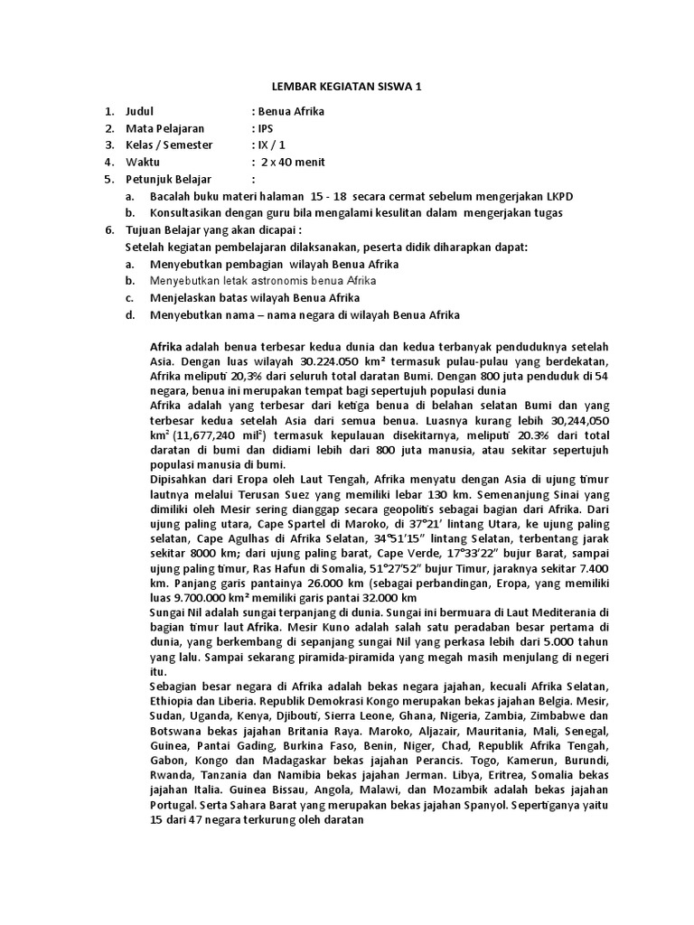 LKPD Benua Afrika | PDF | Perjalanan | Kajian Bahasa Asing