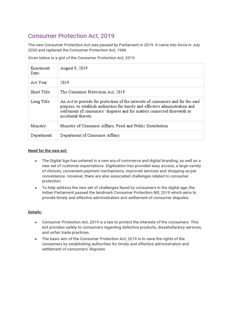 1st Yr LLB - Notes The Consumer Protection Act | PDF | Consumer ...
