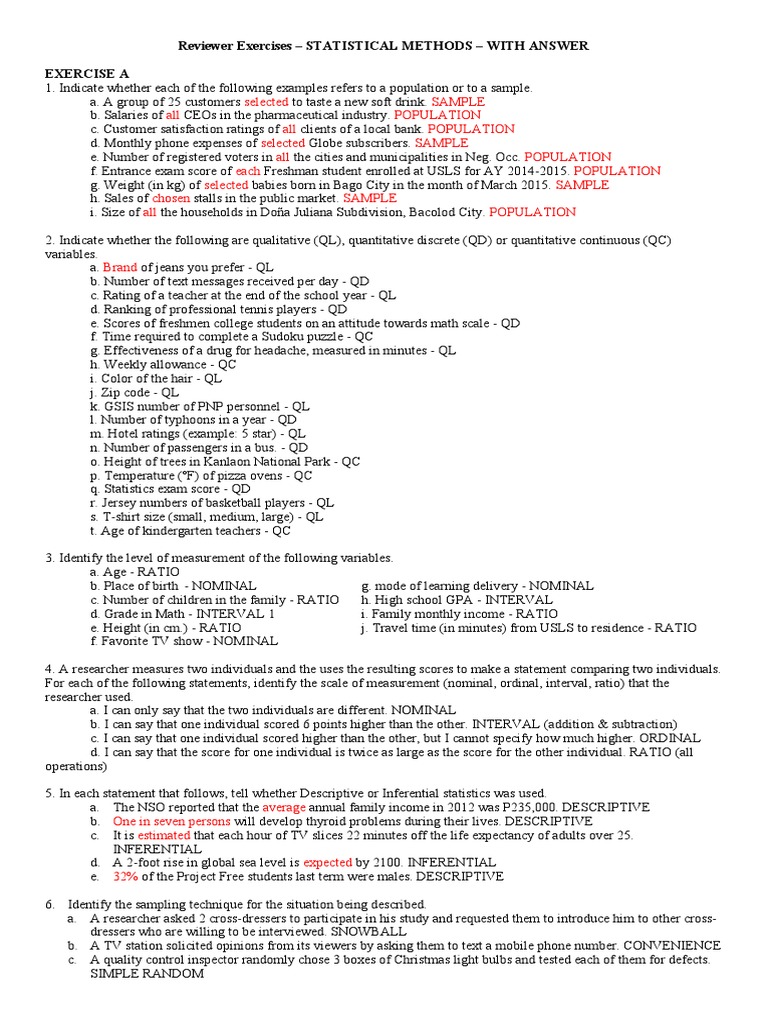 Reviewer Exercises Statistical Methods With Solution Pdf Type I And Type Ii Errors Statistics 9793
