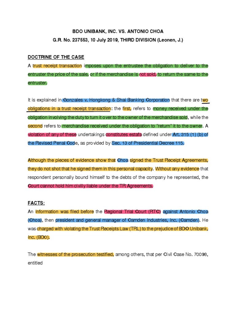 BDO UNIBANK vs CHOA | PDF | Demurrer | Judgment (Law)