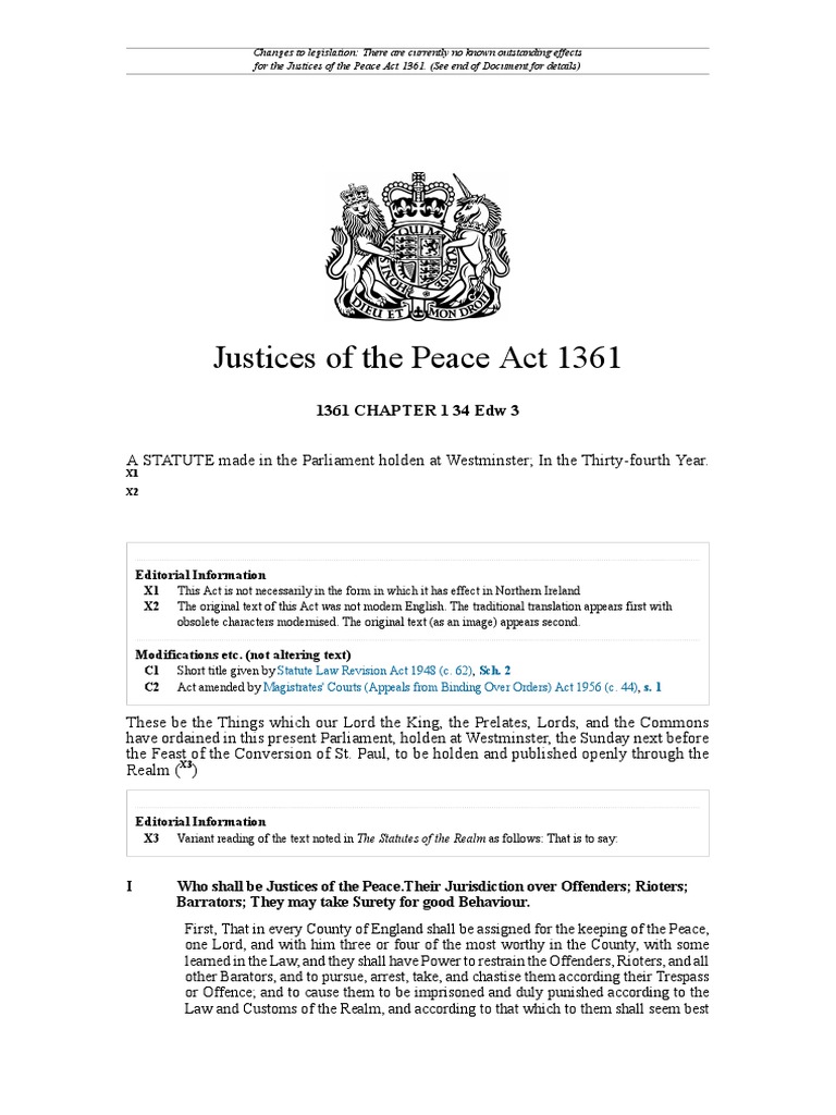 Justices of the Peace Act 1361 Overview | PDF | Justice Of The Peace ...