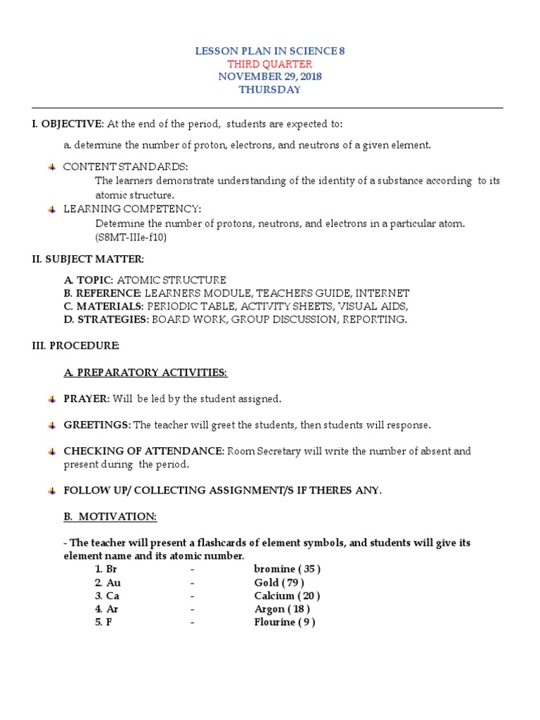 Science 8 Lesson Plan: Atomic Structure | PDF | Chemical Elements | Proton