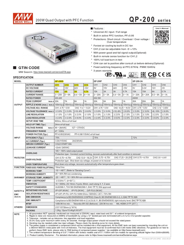 QP 200 Spec | Download Free PDF | Power Supply | Electronic Engineering