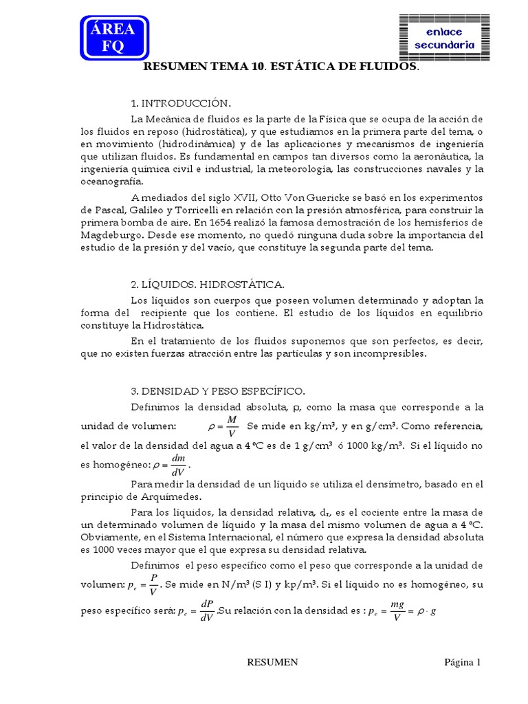 Resumen sobre la estática de fluidos: conceptos clave de densidad, presión, principio de ...