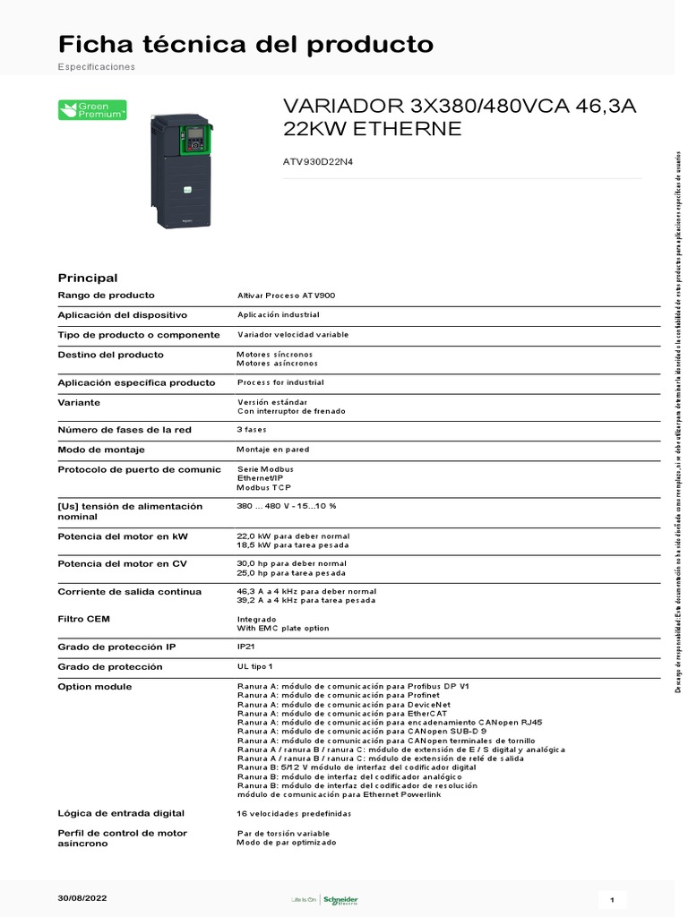 Altivar Process 900 - ATV930D22N4 | PDF | Relé | Impedancia eléctrica