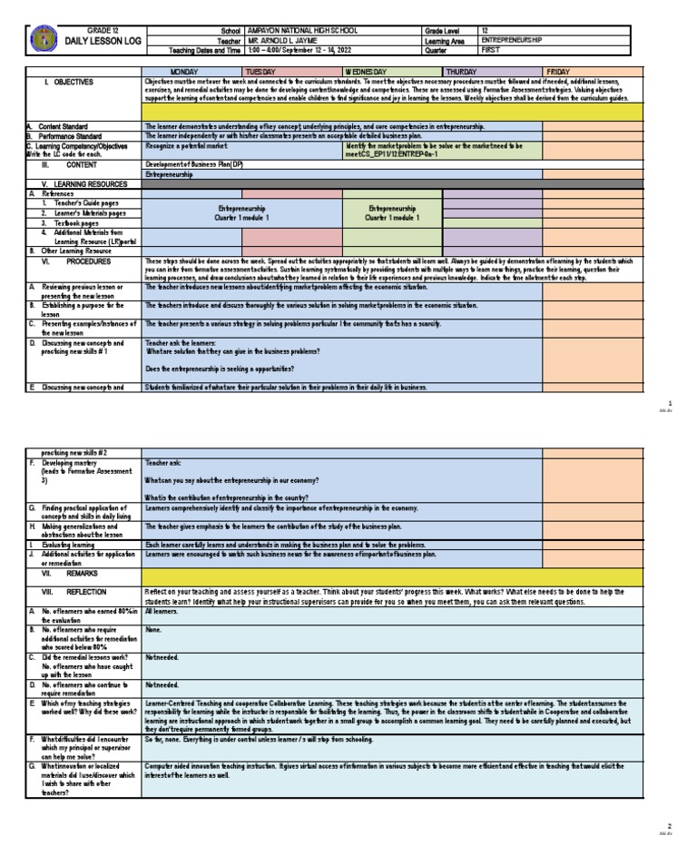 DLL Entrep | PDF | Teaching Method | Learning