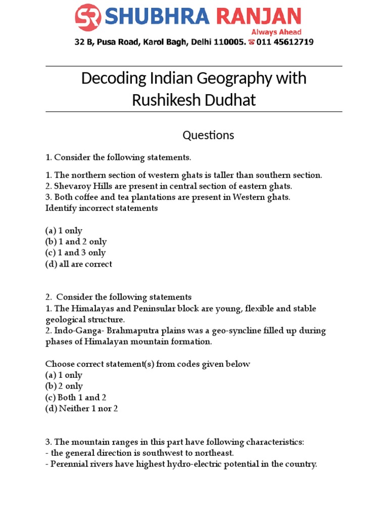 Indian Geograpgy Question | PDF | Physical Geography | Earth Sciences