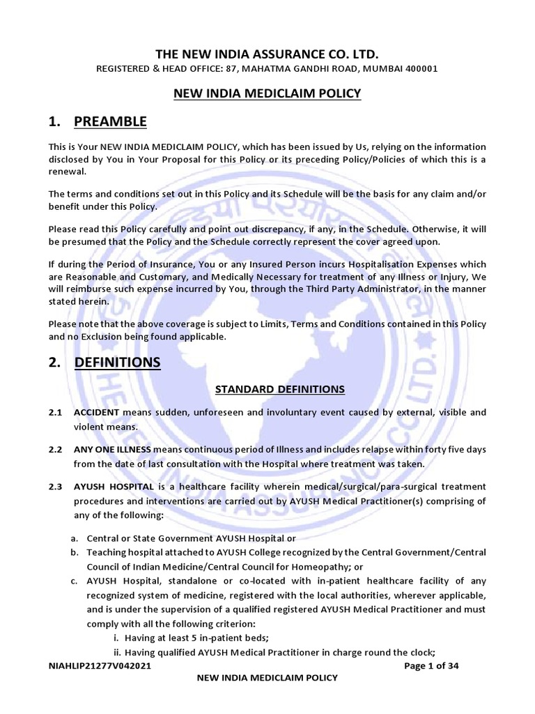 Policy Clause New India Mediclaim Policy (Wef 1st October 2021) | PDF ...