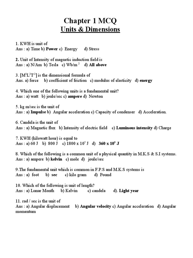 Chp1 - MCQs (Answers) | PDF | Kilogram | Force