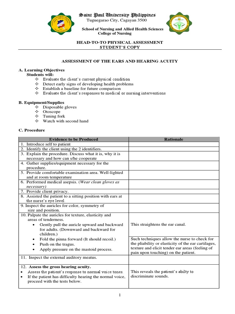 Student Checklist ASSESSMENT of The EARS and HEARING ACUITY | Download ...