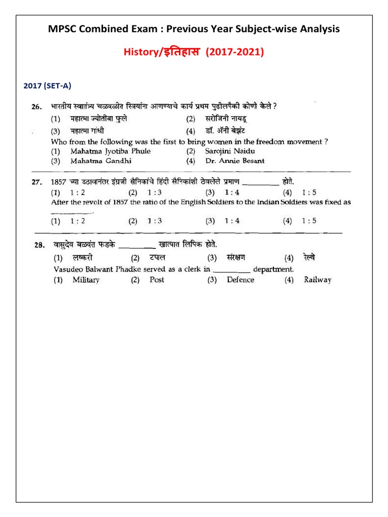 History MPSC Combined Exam Previous Year Subject Wise Analysis 76 | PDF