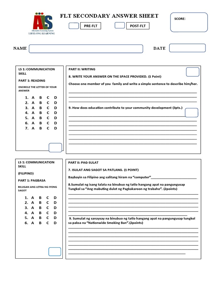 FLT Secondary Answer Sheet | PDF | Communication | Learning