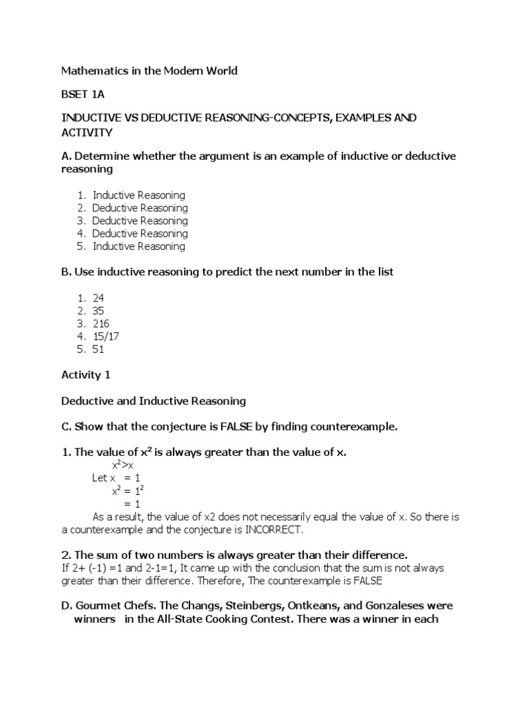 Inductive and Deductive Reasoning Activity | PDF | Inductive Reasoning ...