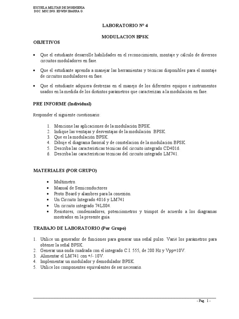 Lab 6 Modulador Bpsk V2 Pdf Modulación Ingeniería Electrónica
