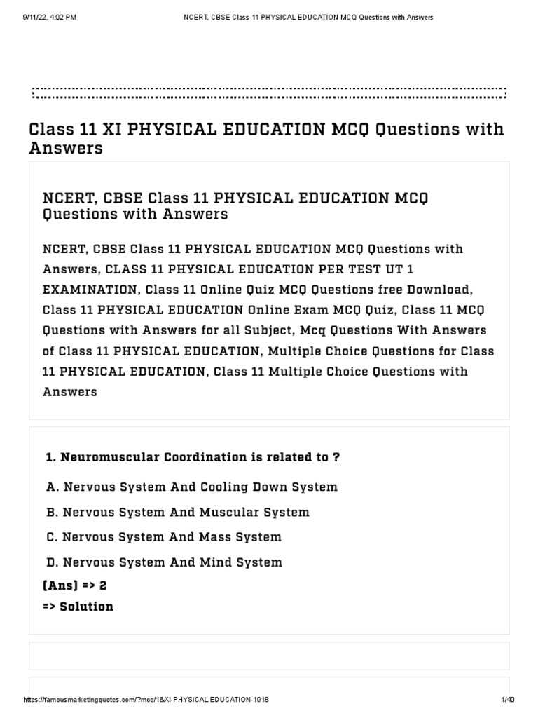 NCERT, CBSE Class 11 PHYSICAL EDUCATION MCQ Questions With Answers ...