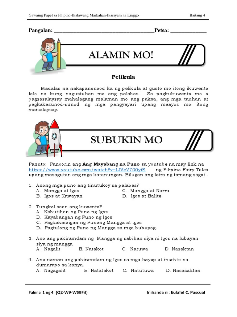 Filipino Grade4 Quarter2 Week9 Worksheet9 4Pages Pelikula | PDF