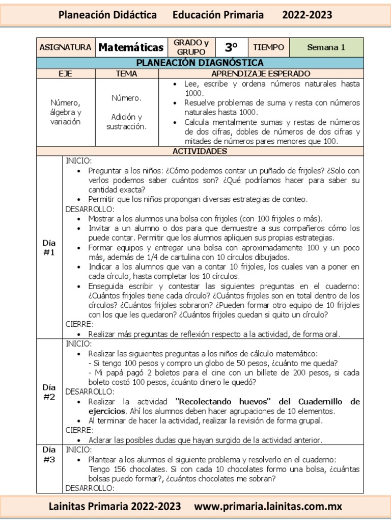 Planeación Matemáticas 3° Primaria | PDF | Educación primaria | Sustracción