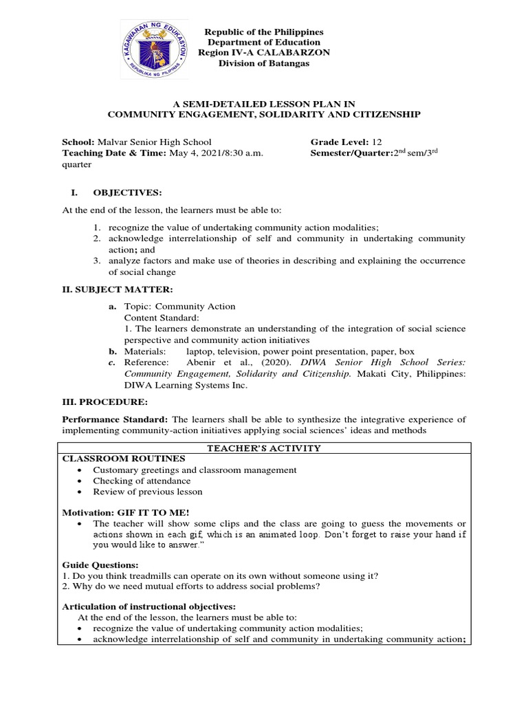 Semi-Detailed Lesson Plan on Community Engagement | PDF | Learning ...