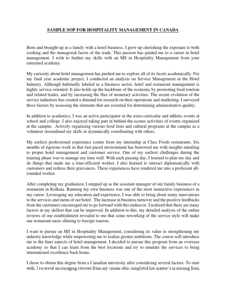 SOP Sample For Hospitality Management in Canada | PDF | Economies