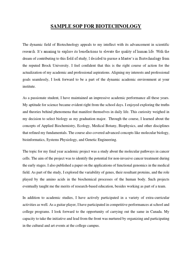 Sample-SOP-for-Biotechnology-in-Canada | PDF | Biotechnology | Biochemistry