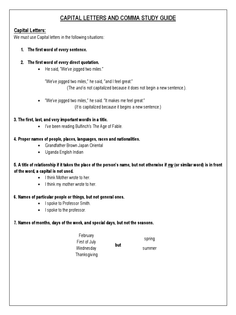Capital Letters and Comma Study Guide | PDF | Comma | Linguistics