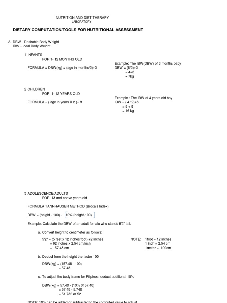 DBW Calculation Methods for Nutrition | PDF | Malnutrition | Calorie