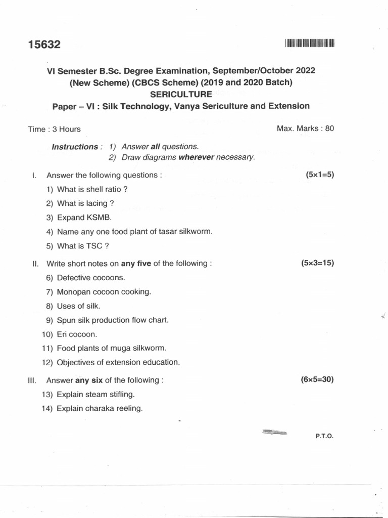 Paper VI Silk Technology Vanya Sericulture | PDF