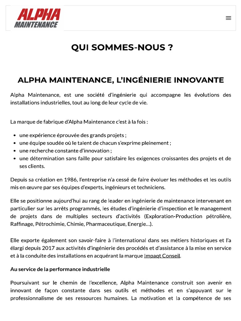 Alpha Maintenance, L'ingénierie Innovante | PDF