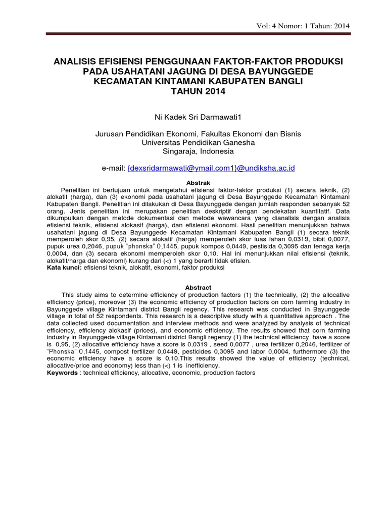 5316 ID Analisis Efisiensi Penggunaan Faktor Faktor Produksi Pada Usahatani Jagung Di de | PDF ...