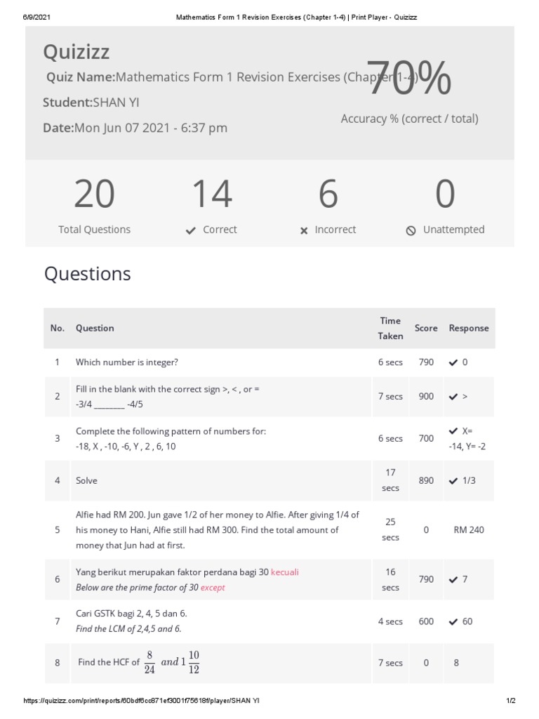Mathematics Form 1 Revision Exercises (Chapter 1-4) - Print Player ...