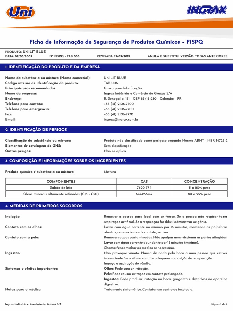 Fispq - Graxa Unilit Blue-2 | PDF | Combustão | Dióxido de carbono